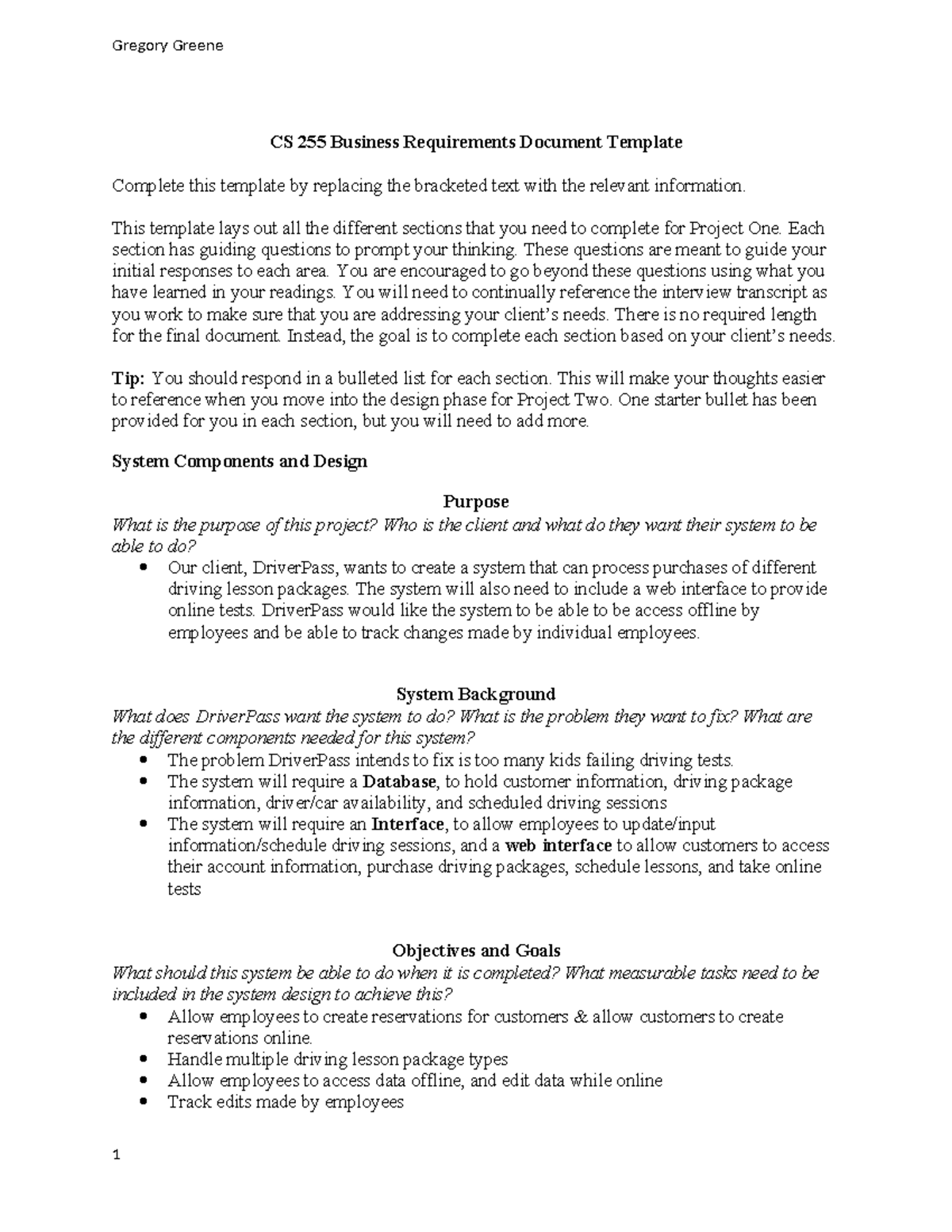 CS 255 Project One: Business Requirements Analysis Template - Studocu