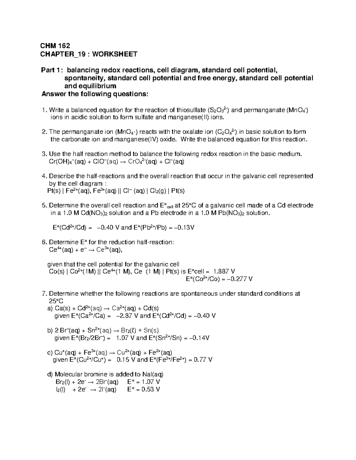 Worksheet CHM 162 - Chapter 19 Redox Reactions Practice Problems - Studocu