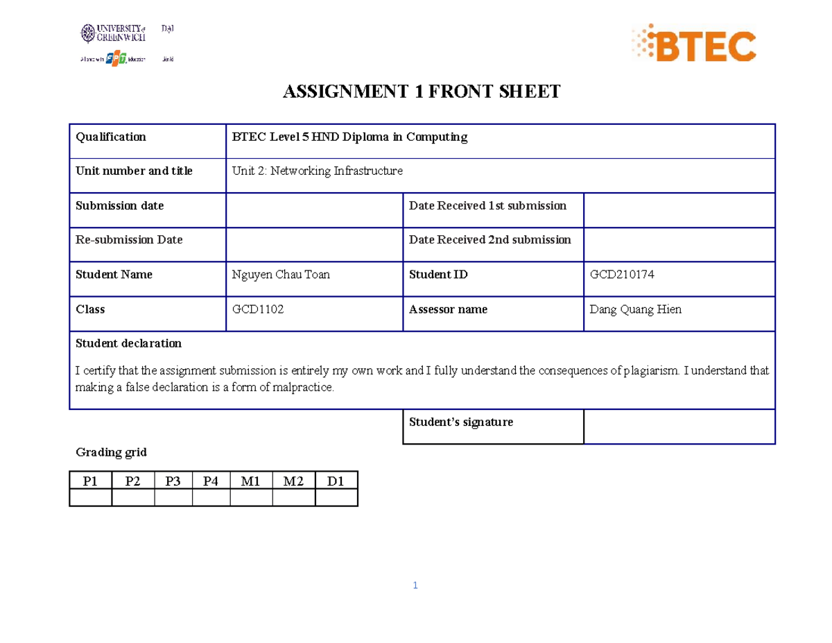 Assignment 1 - Unit 2: Networking Infrastructure Overview - GCD1102 ...