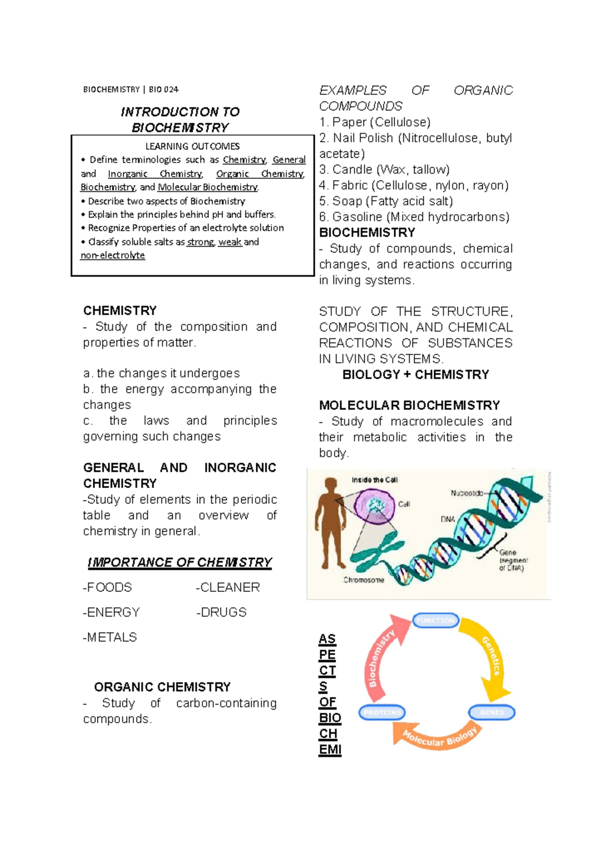 Biochemistry.notes lesson 1 - BIOCHEMISTRY | BIO 024 INTRODUCTION TO ...