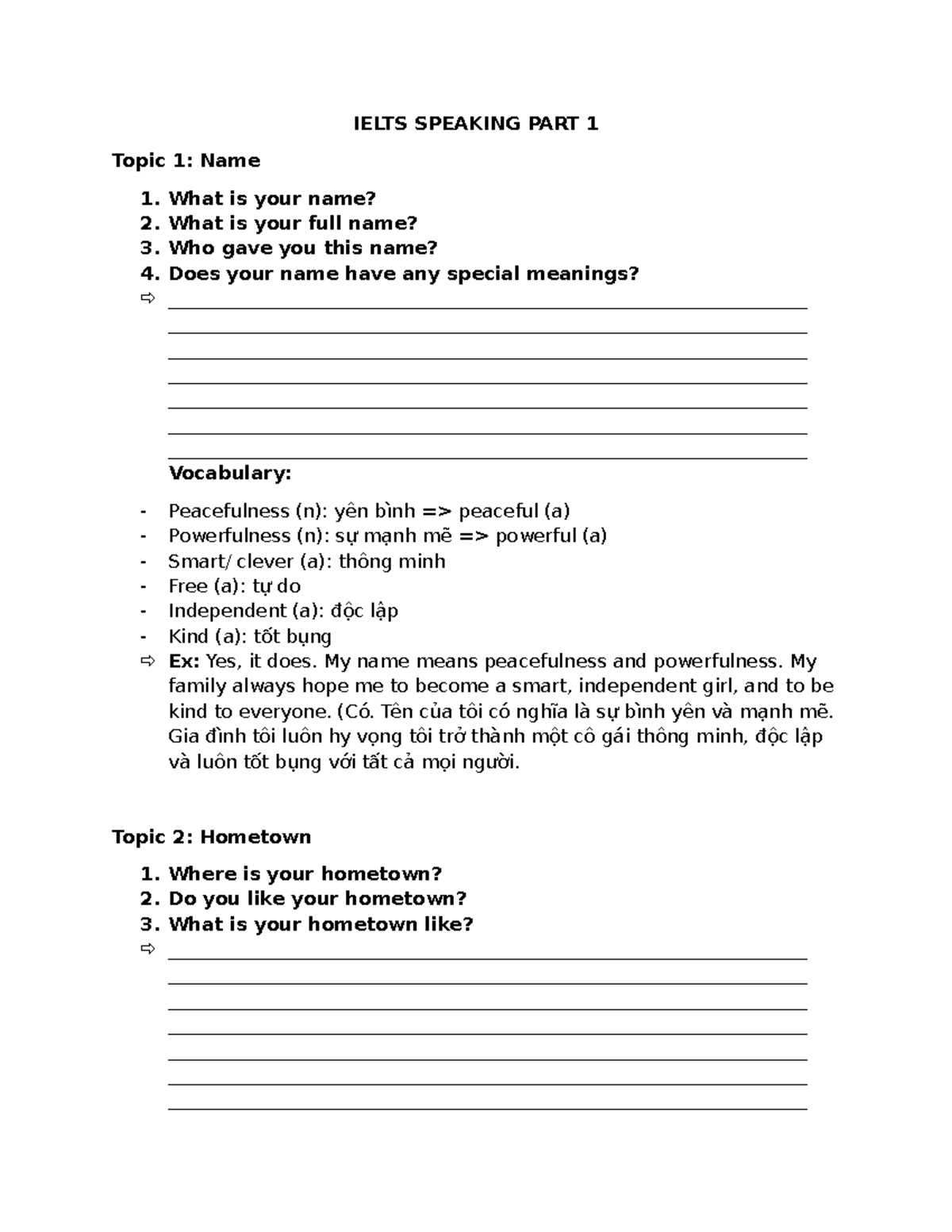 IELTS Speaking Part 1: Practice Questions and Vocabulary - Studocu