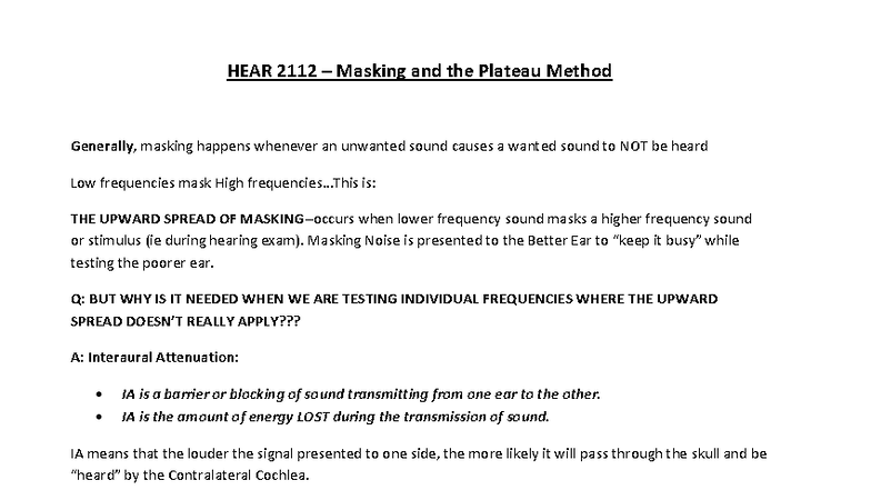 HEAR 2112 Masking Techniques and Interaural Attenuation Notes - Studocu