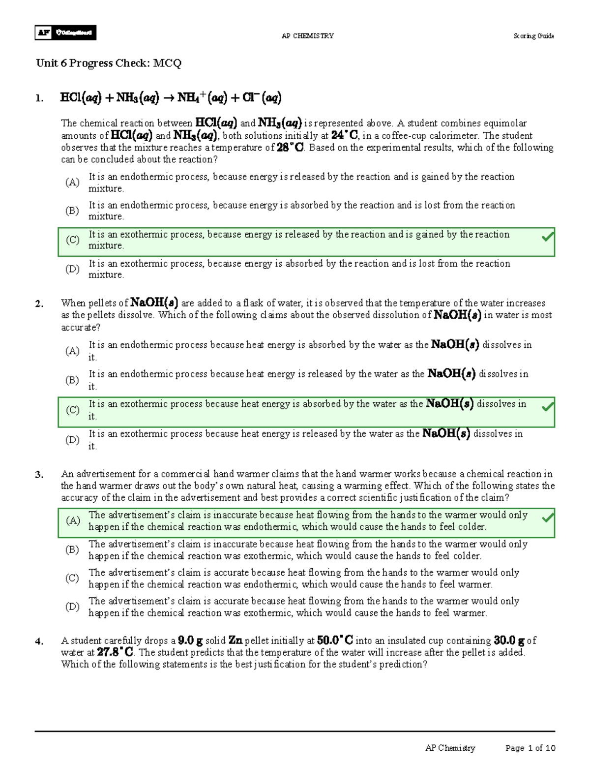 AP CHEMISTRY Unit 6 Progress Check: MCQ Scoring Guide - Studocu