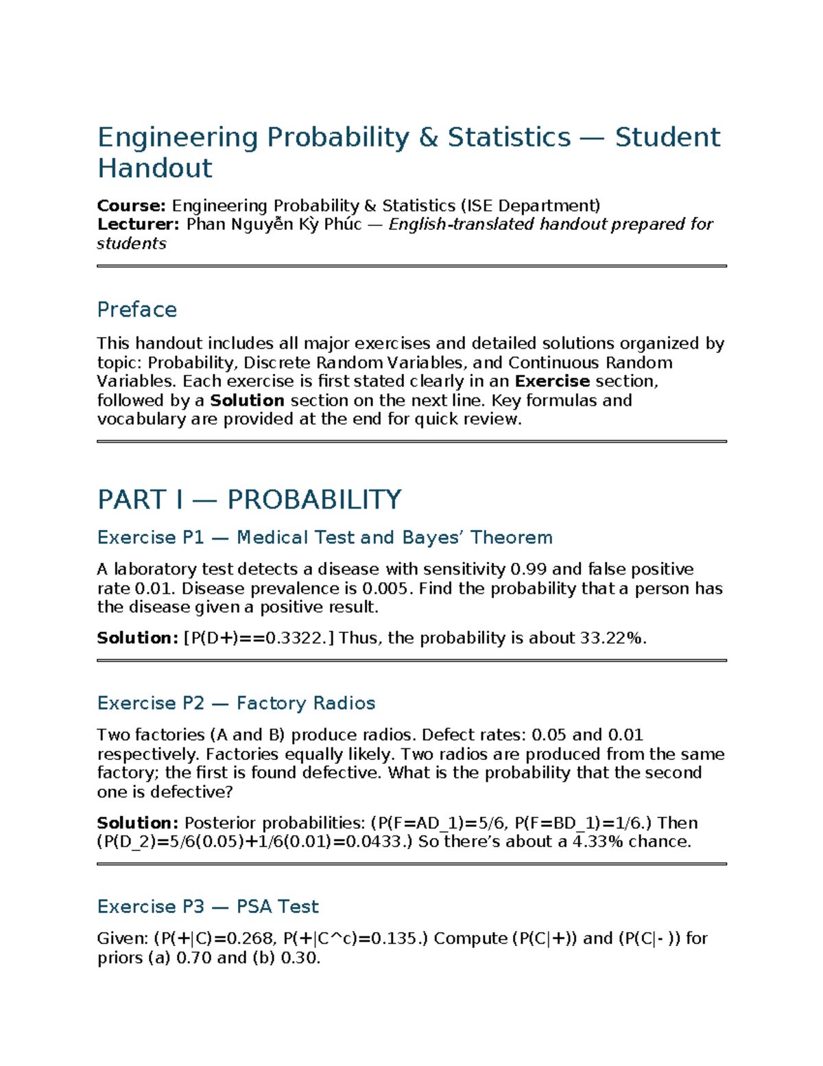 Engineering Probability & Statistics (ISE) - Complete Solutions Handout ...