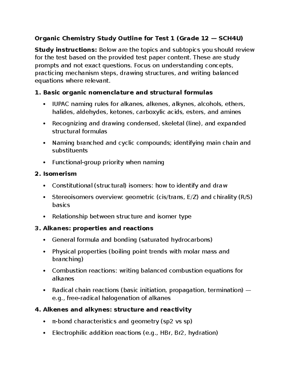 Organic Chemistry Test 1 Study Guide (Grade 12 SCH4U) - Studocu