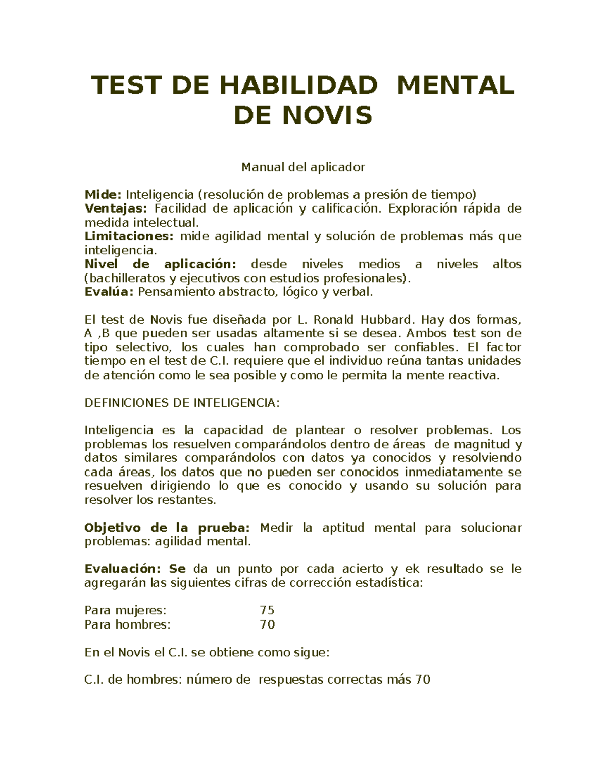 TEST DE HABILIDAD MENTAL DE NOVIS - Manual del Aplicador - Studocu