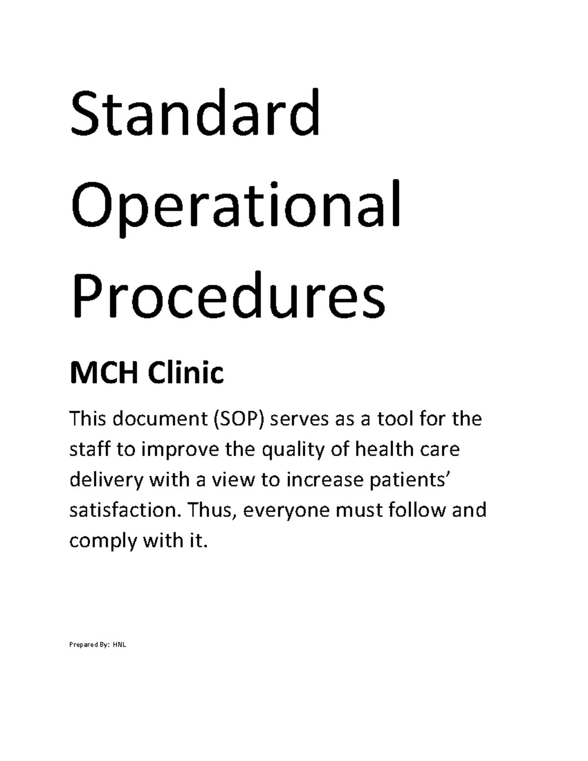 MHL MN 48 02 SOPs for MCH Clinic Operations and Patient Care - Studocu
