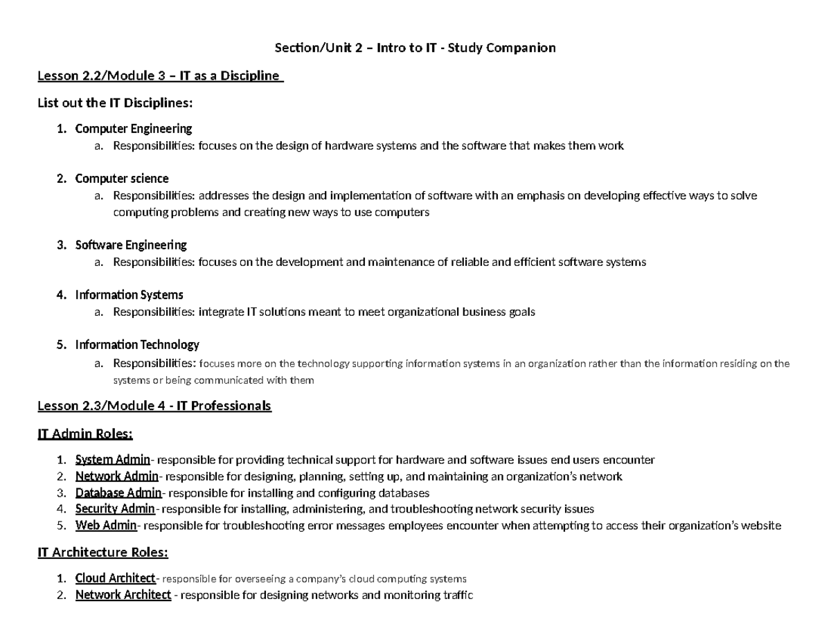 Unit 2 - Intro to IT Study Companion: Disciplines & Roles Overview ...