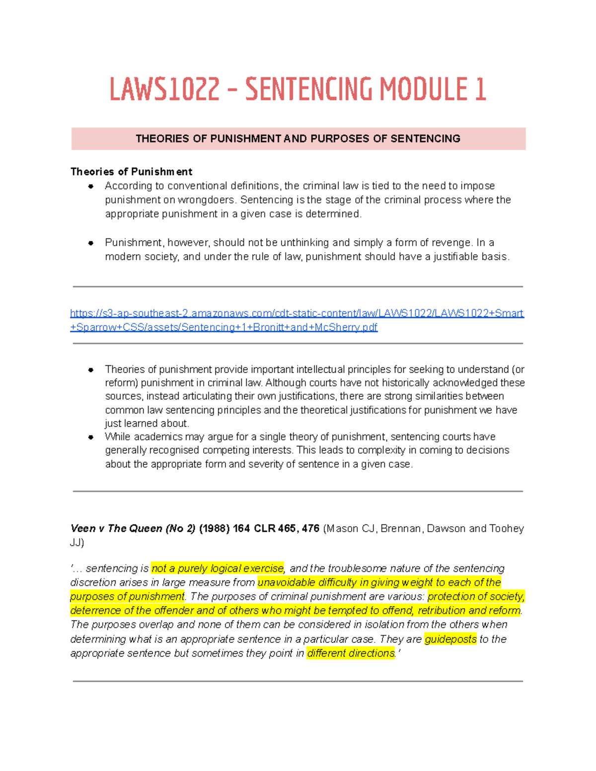 LAWS1022 Sentencing Module 1: Theories & Purposes of Punishment - Studocu
