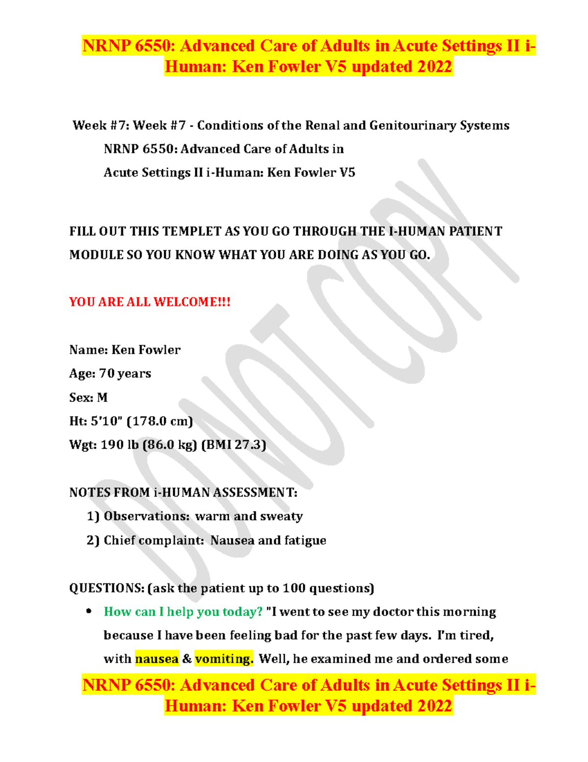 NRNP 6550: i-Human Case Study of Ken Fowler - Week 7 Symptoms Analysis ...