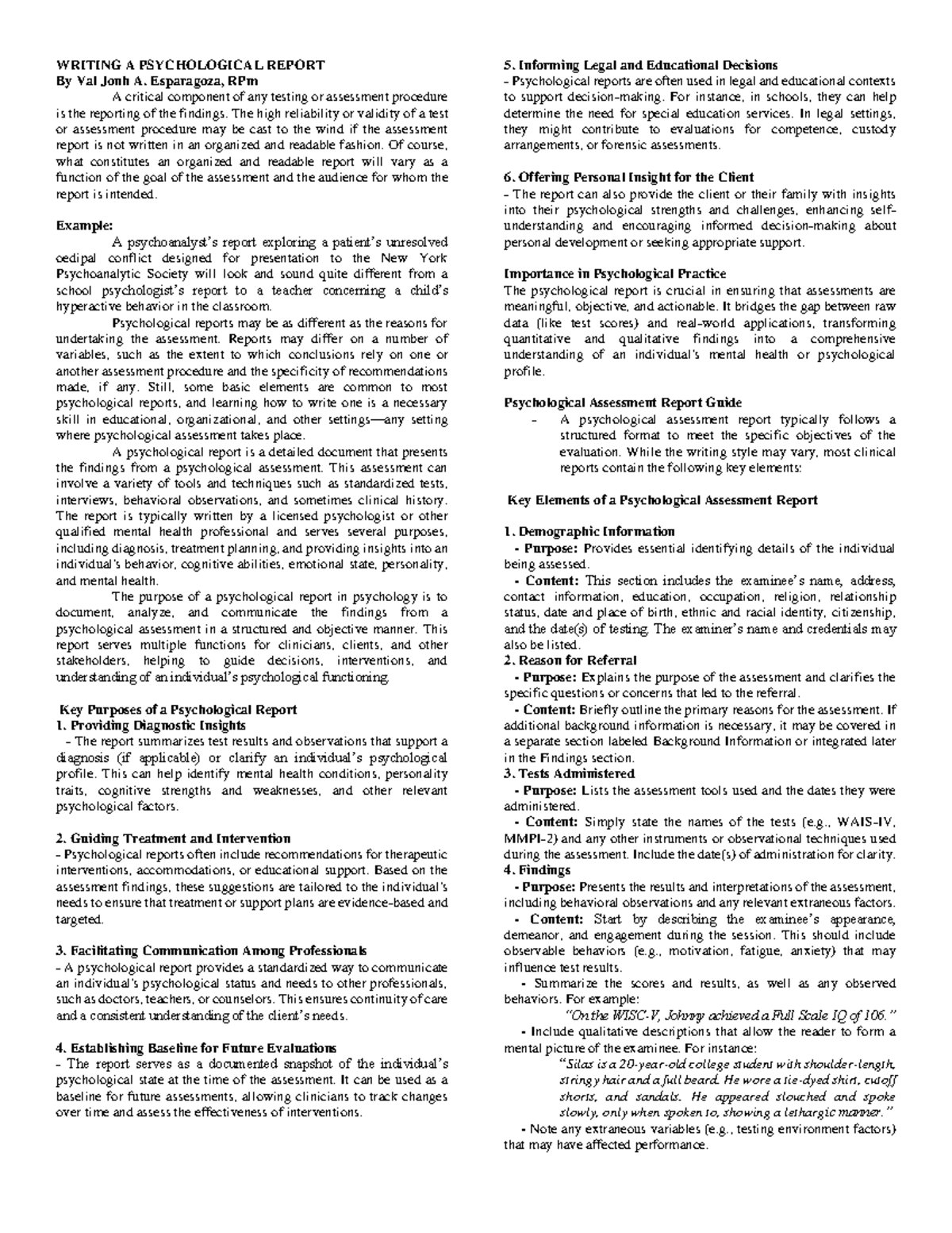 Psychological Report Writing Guide (PSY 101) - Studocu