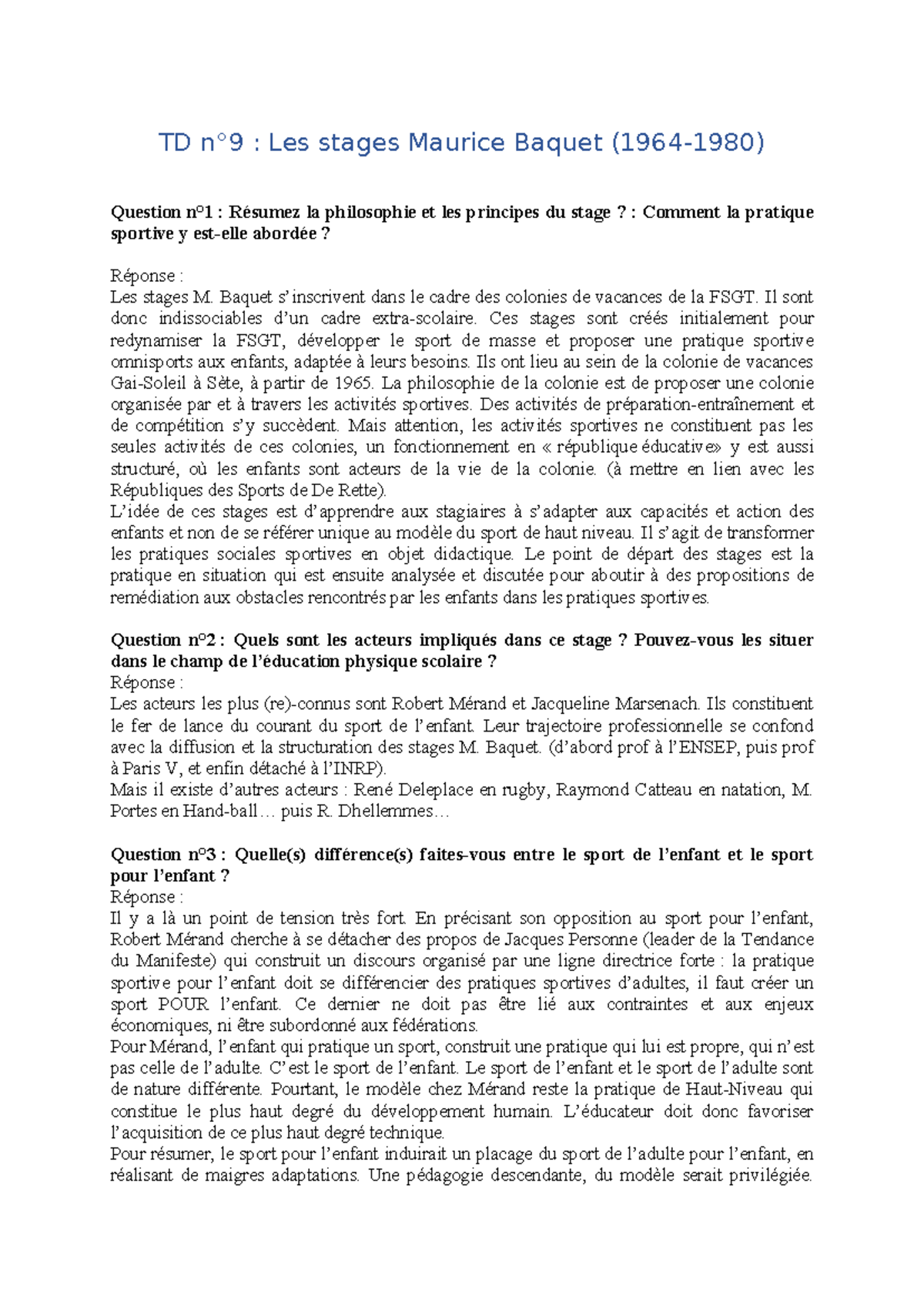 Étude sur les Stages M. Baquet dans le cadre du CAPEPS 1964-1980 - Studocu