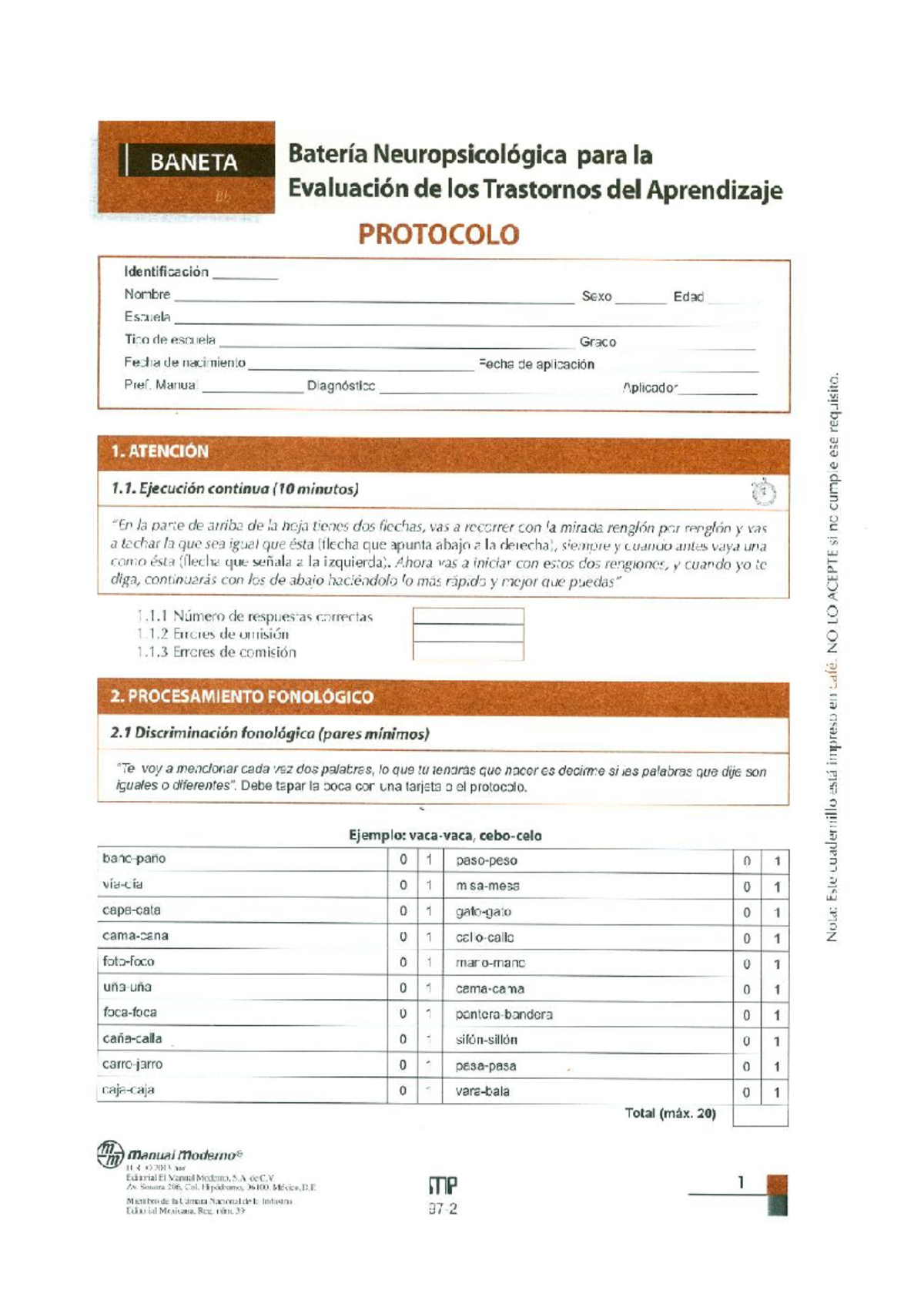 Protocolo BANETA para Evaluación de Trastornos del Aprendizaje - Studocu