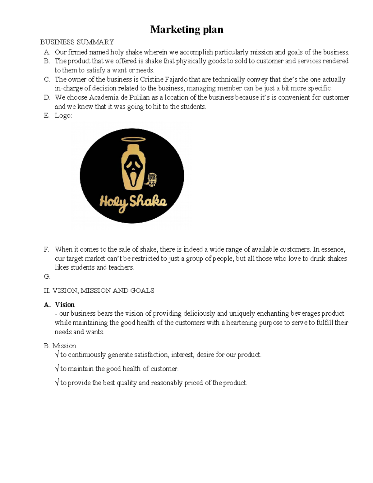 Sample of Business Plan for Business Simulation - Marketing plan ...