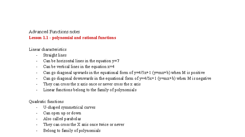 Advanced Functions Notes: Lesson 1.1 - Polynomial & Rational Functions ...