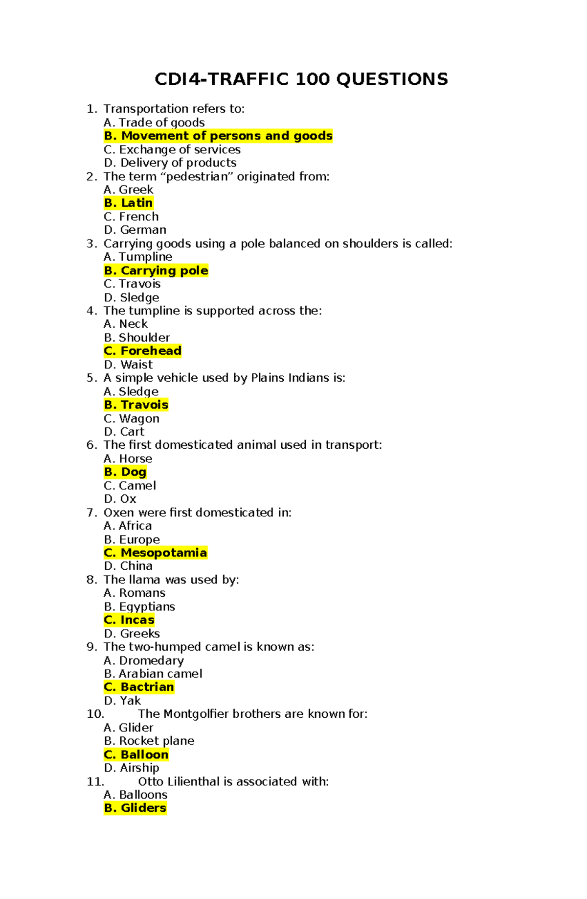 CDI 4: Transportation Quiz with Answers - Studocu