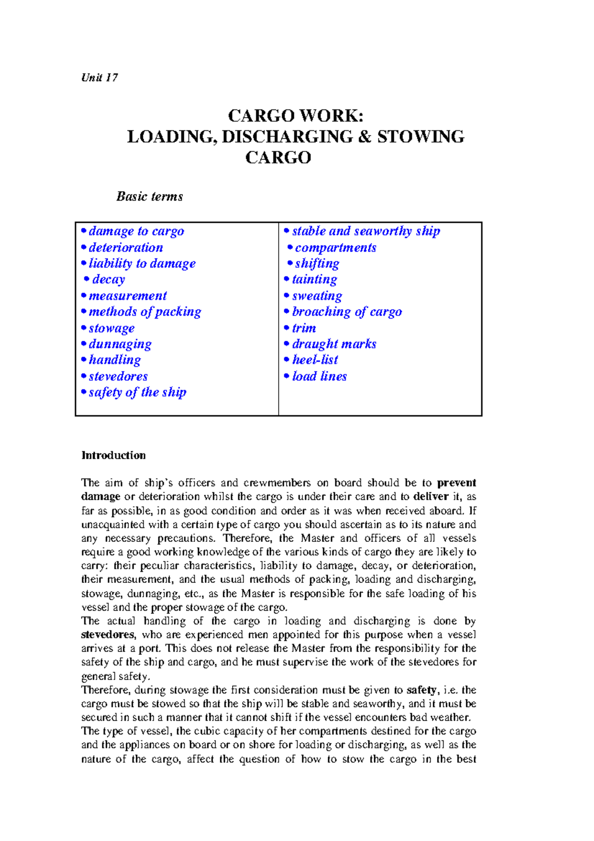 Title: CARGO WORK - Unit 17: Loading, Discharging, and Stowage ...