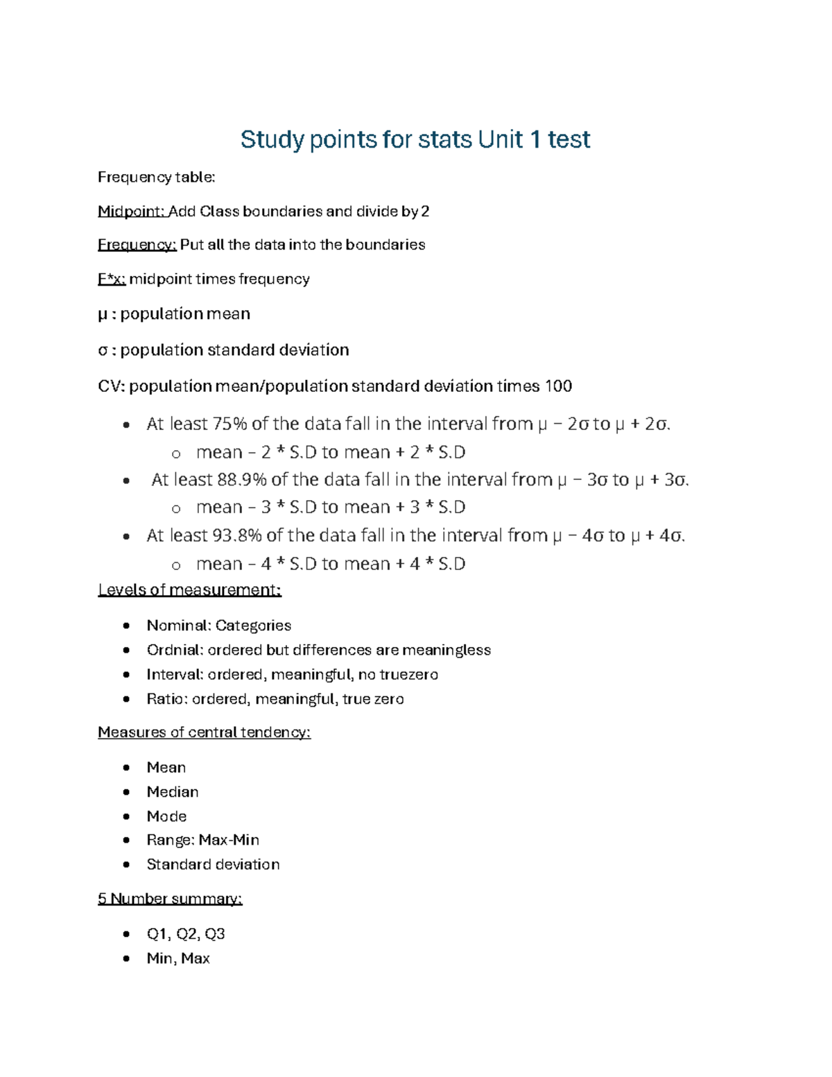 Stats 101: Unit 1 Test Study Points & Key Concepts Guide - Studocu