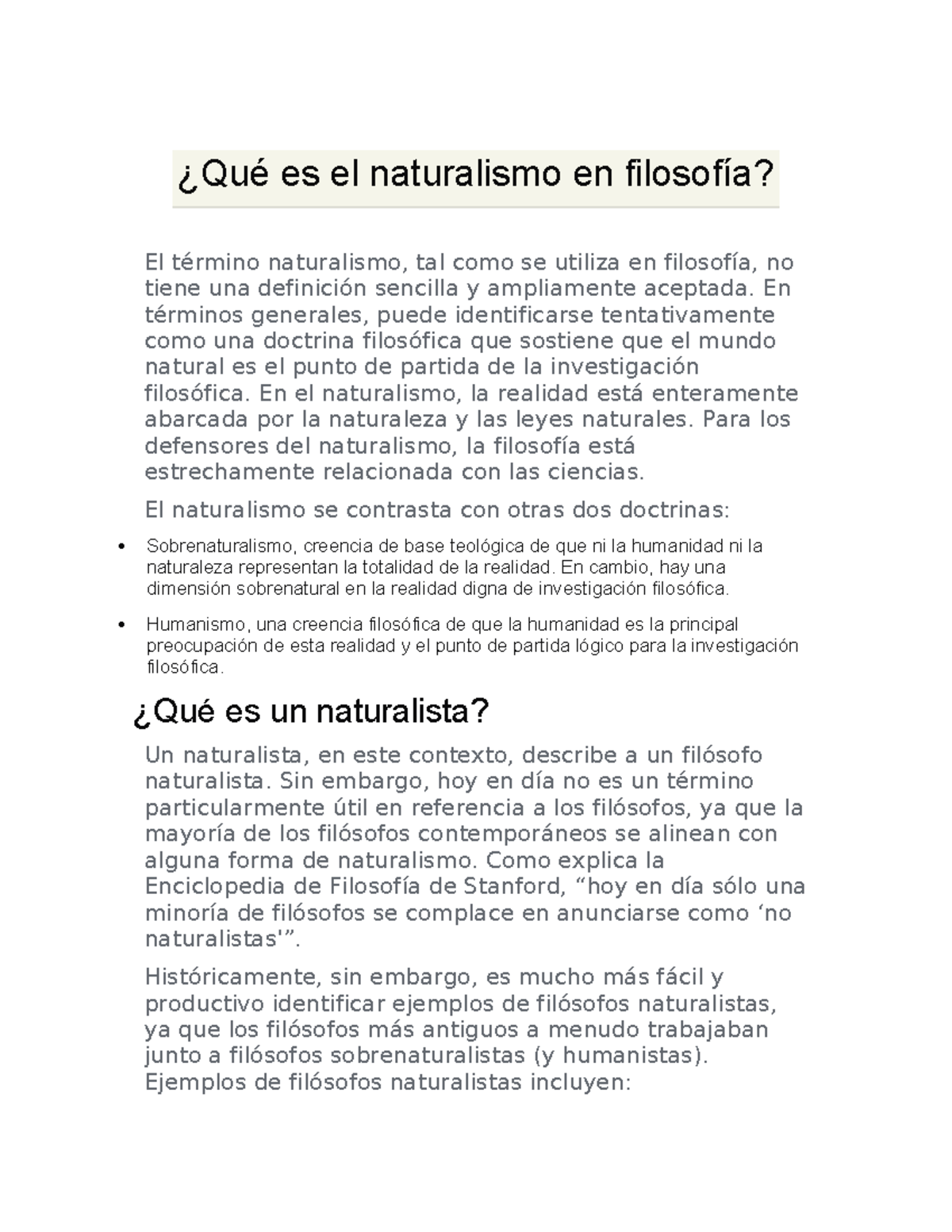 Qué es el Naturalismo en Filosofía: Definiciones y Orígenes - Studocu