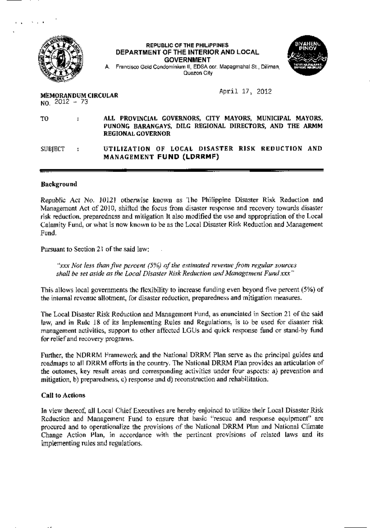 Utilization of LDRRM Fund - DILG Memo Circular No. 2012-73 - Studocu