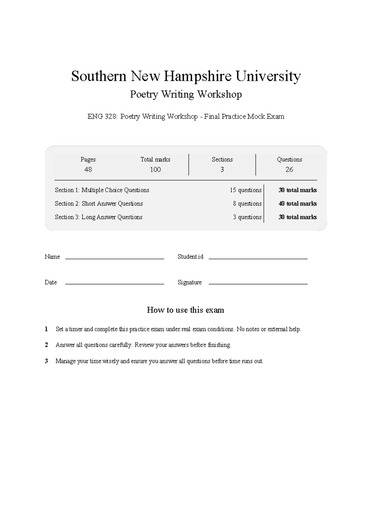 ENG 328: Poetry Writing Workshop Final Practice Mock Exam 2026 - Studocu
