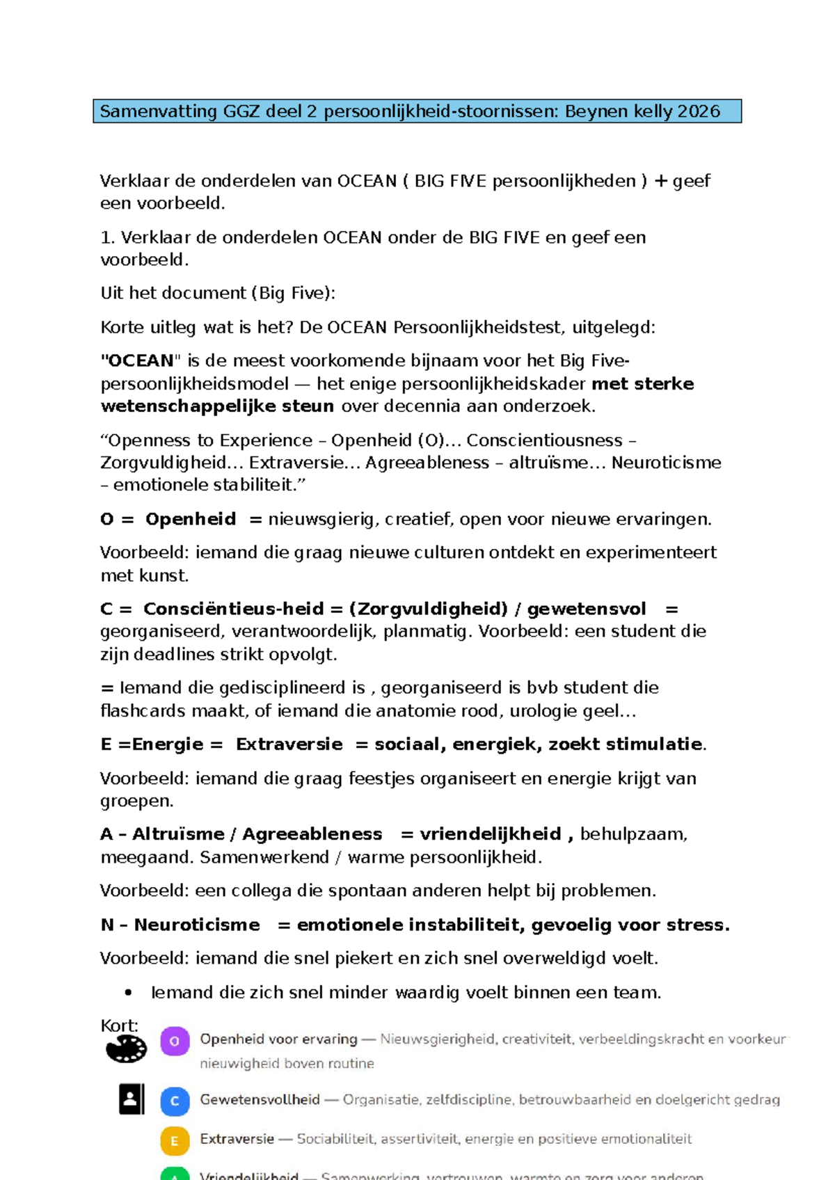 Samenvatting GGZ Deel 2: OCEAN en Hechting in Persoonlijkheid - Studocu