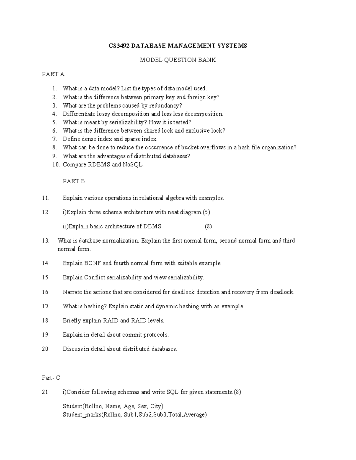 CS3492 DATABASE MANAGEMENT SYSTEMS MODEL QUESTION BANK - Studocu
