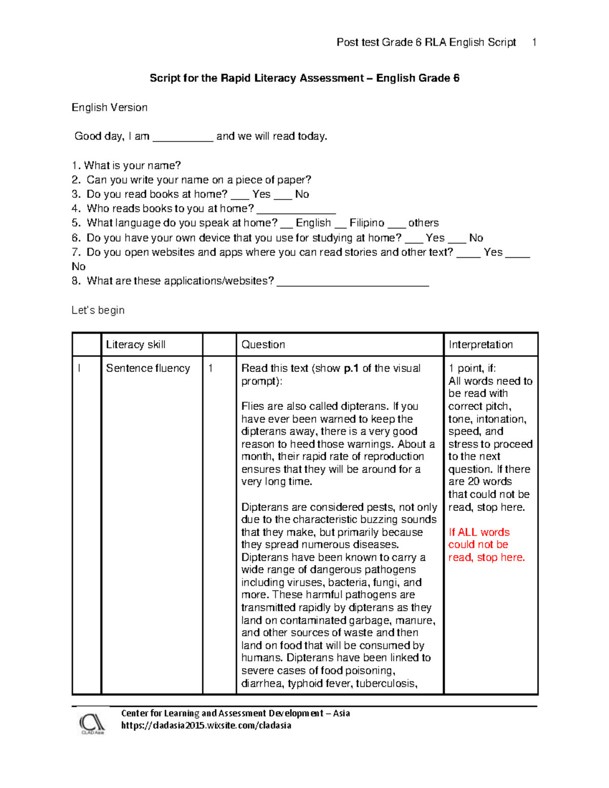 Grade 6 RLA-E Post Test: Rapid Literacy Assessment Scripts - Studocu