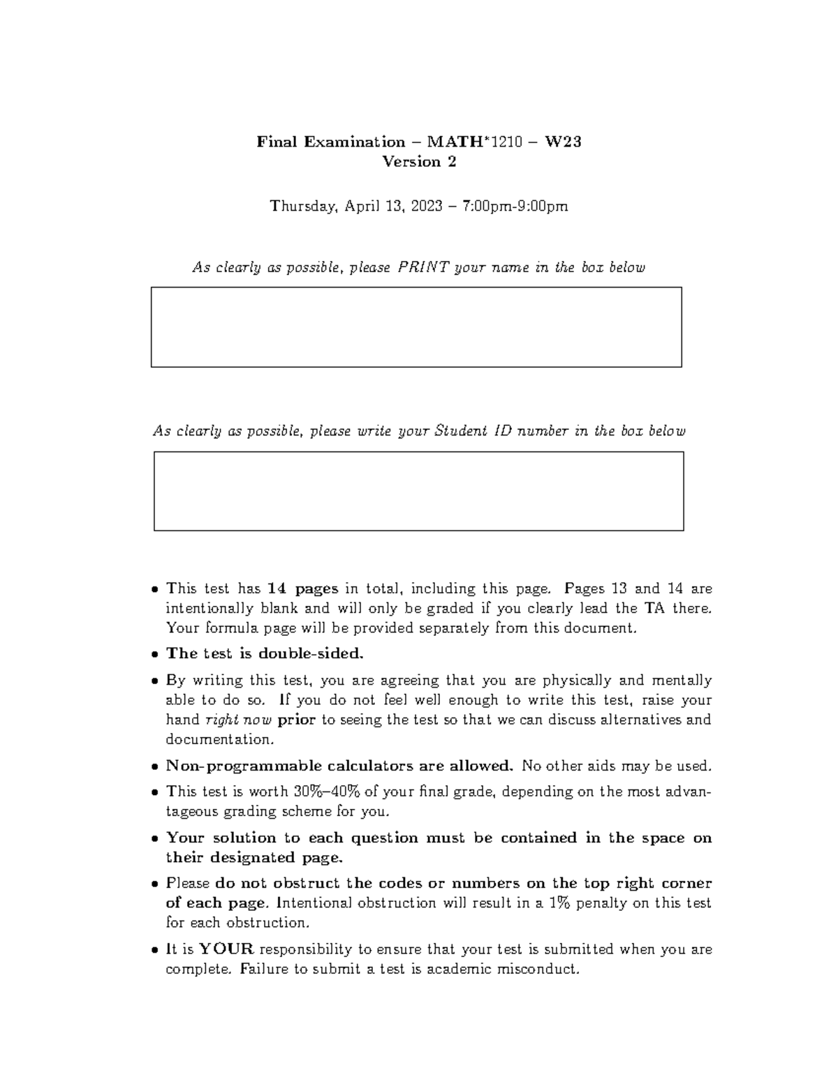 MATH1210 - Final Exam Instructions and Questions - W23A - Studocu