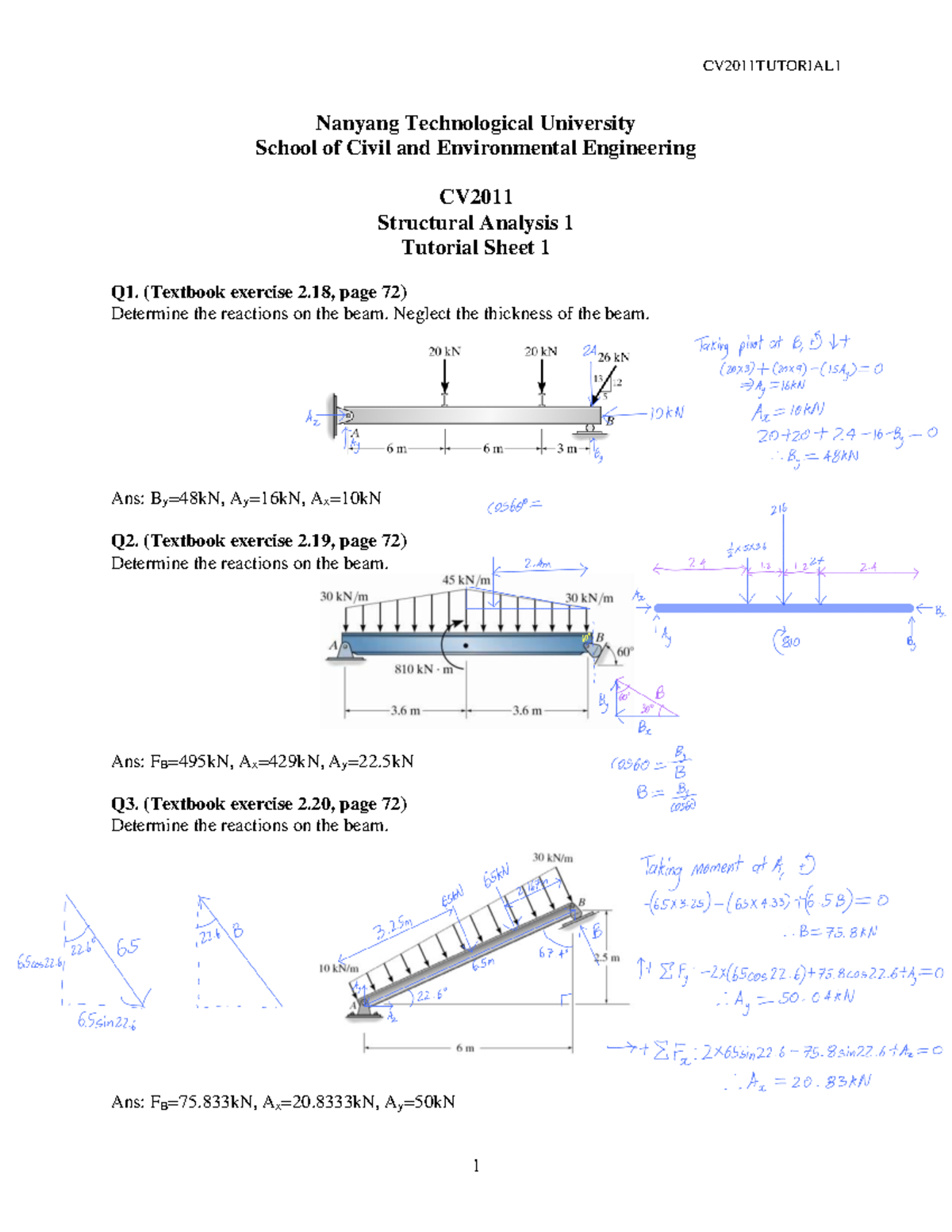 CV2011 Structural Analysis 1 Tutorial Sheet 1 Solutions - Studocu