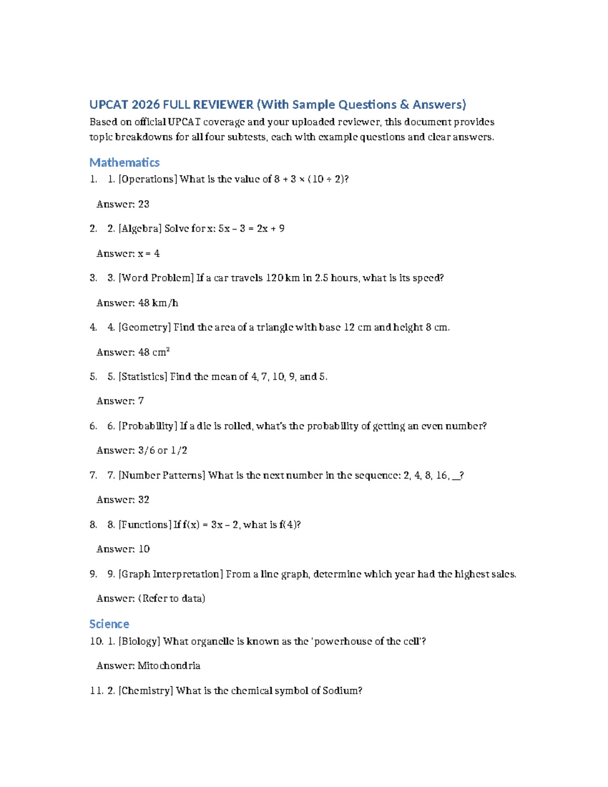 UPCAT 2026 FULL REVIEWER: All Subtests with Sample Q&A - Studocu