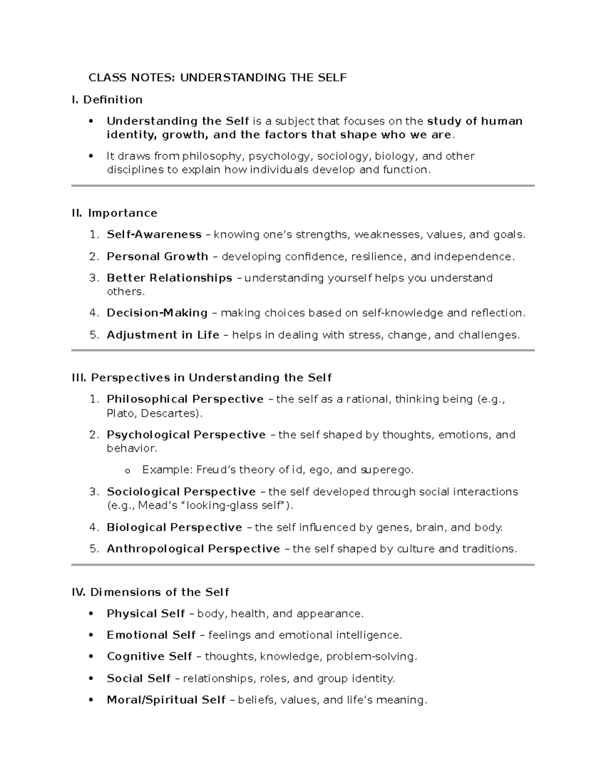 Class Notes: Understanding the Self - UTS Overview and Perspectives ...