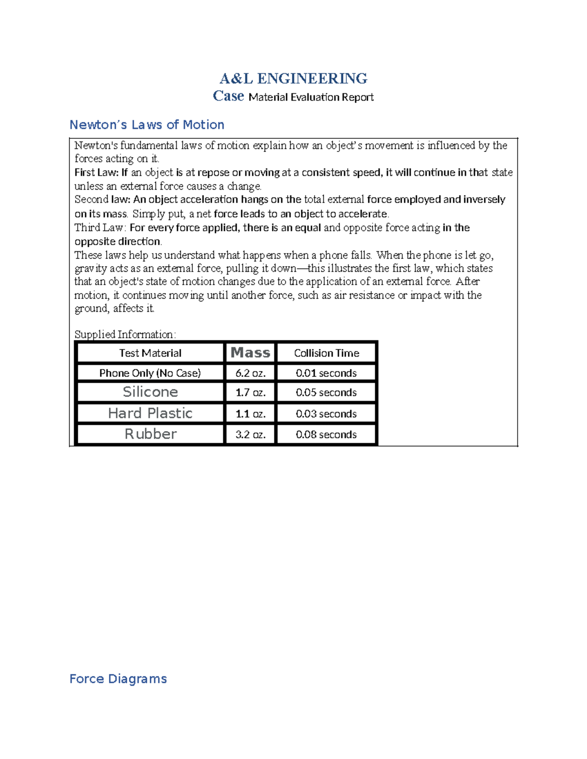 PHY 150 Project Two Case Material Evaluation Report - A&L ENGINEERING Case Material Evaluation ...