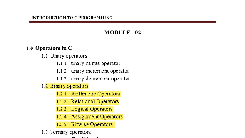 C Programming Operators and Control Statements - Besck 204E Module 2 ...
