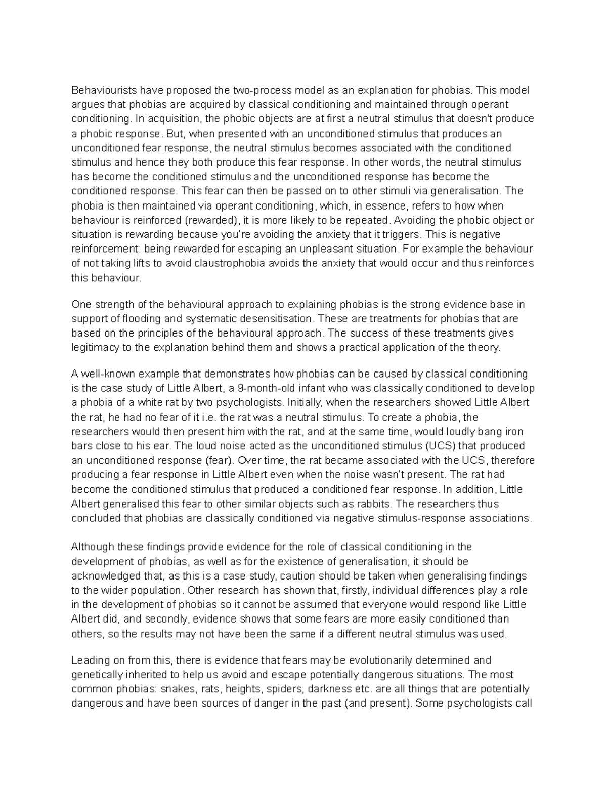 Analysis of the Behavioural Approach to Explaining Phobias (16 Marks ...