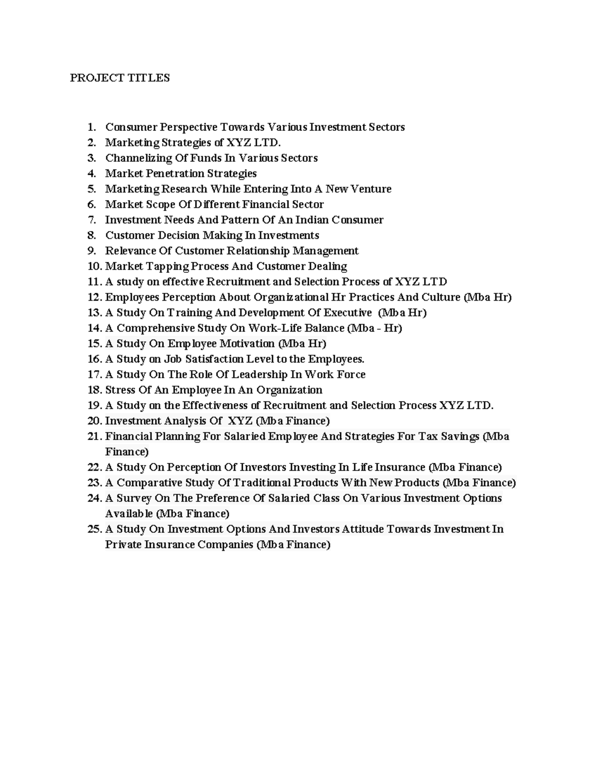 Project Titles for MBA HR & Finance Studies - Studocu