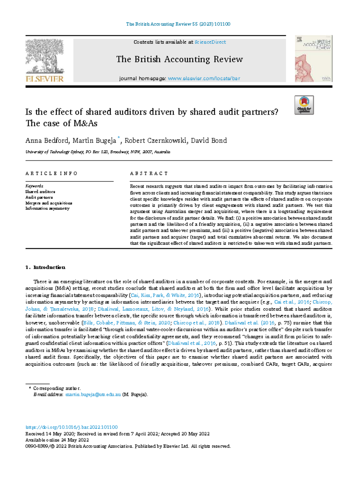 The Impact of Shared Audit Partners on M&A Outcomes: Evidence from ...
