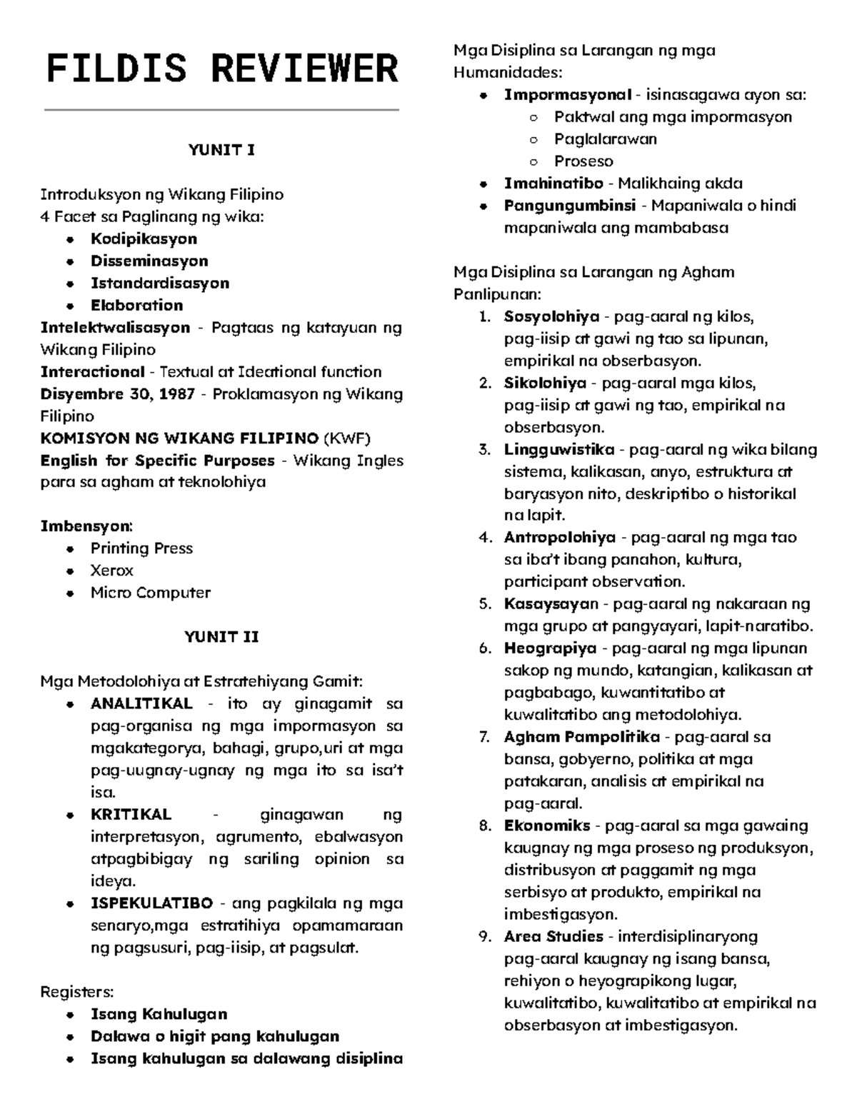 FILDIS Reviewer: Comprehensive Overview of Filipino Language ...