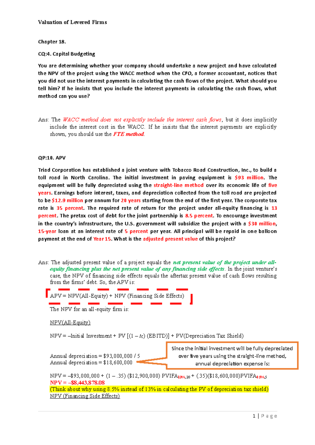 FIN322 Tutorial Solutions 5: Valuation of Levered Firms and NPV ...