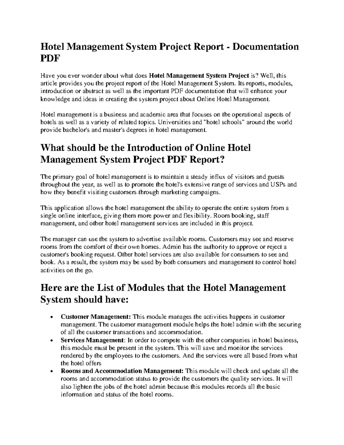 Hotel Management System Project Report - Comprehensive Overview - Studocu