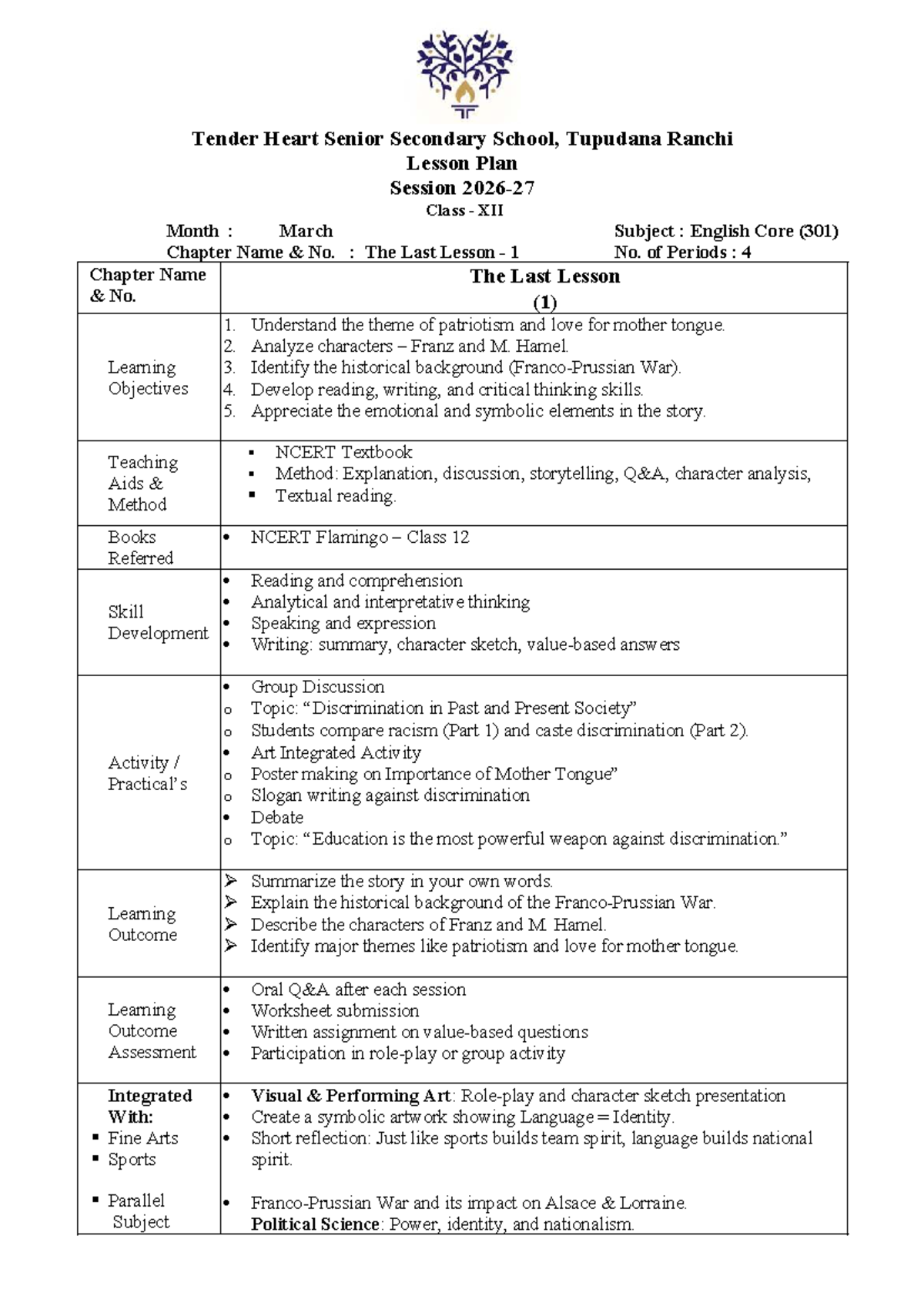 Lesson Plan for Class XII English Core (301): The Last Lesson - Studocu