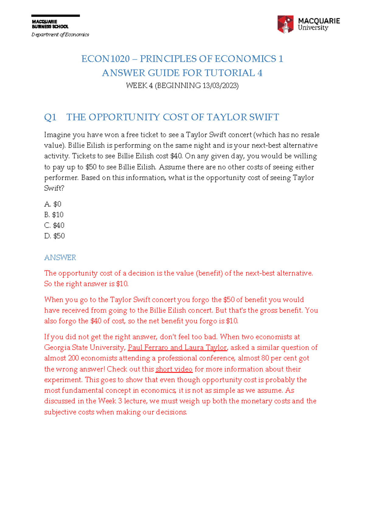 ECON1020 S1 2023 Tutorial 4 - Answer Guide on Opportunity Cost ...