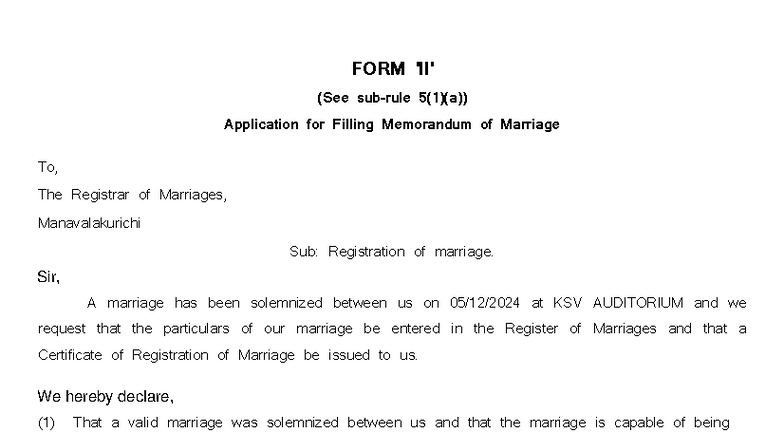 Application for Marriage Registration - FORM I (See 5(1)(a)) - Studocu