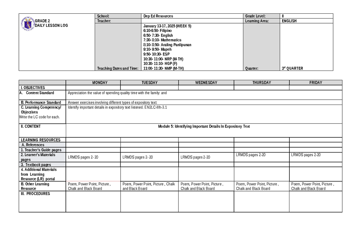 Weekly Lesson Plan: Grade 2 English Daily Log - Week 5, Q3 - Studocu