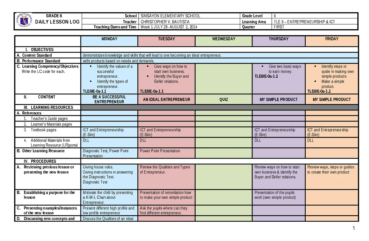 DLL TLE-ICT WEEK 5 - ICT - GRADE 6 DAILY LESSON LOG School SINSAYON ...