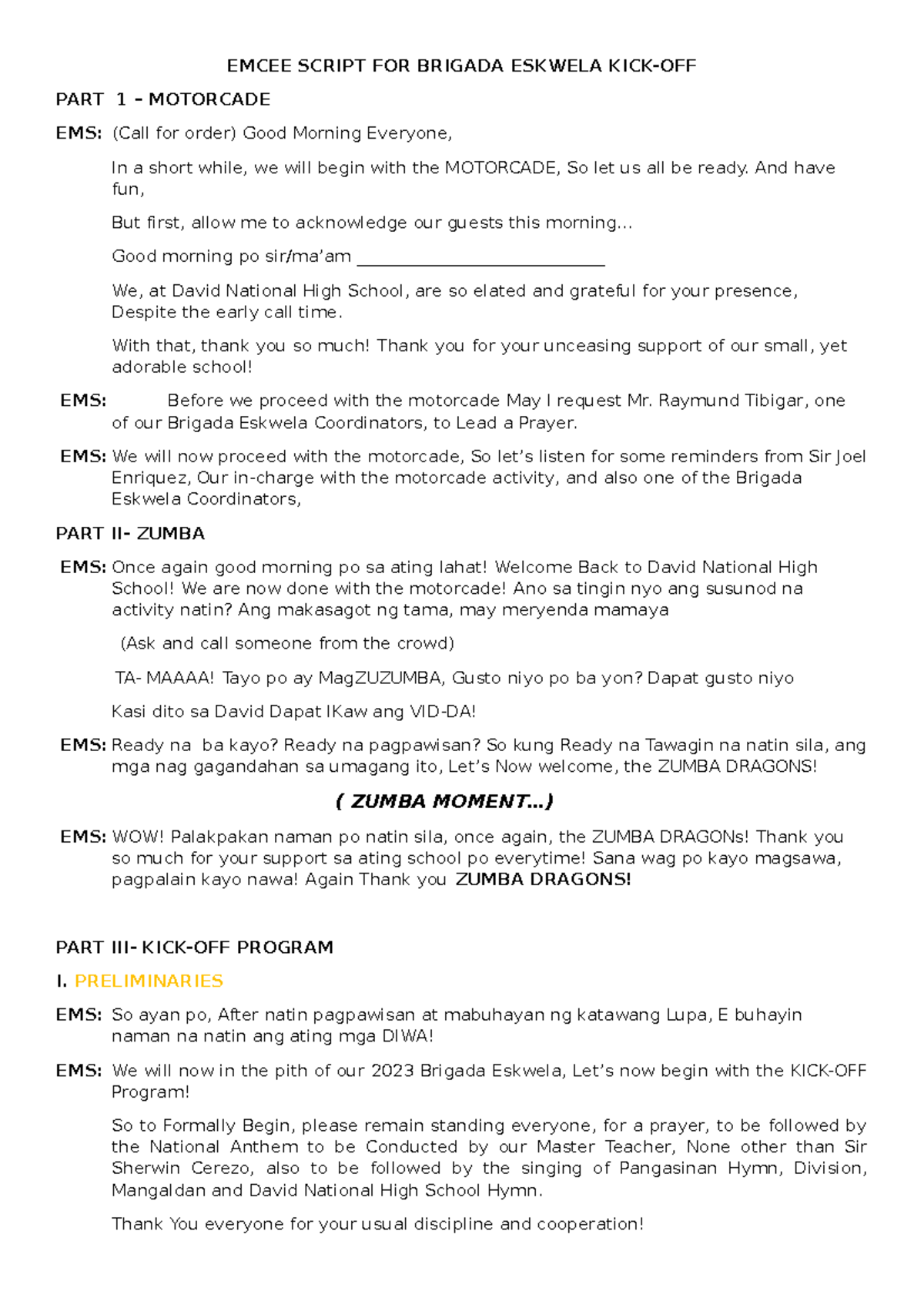 Emcee Script for 2023 Brigada Eskwela Kick-off Program - Studocu