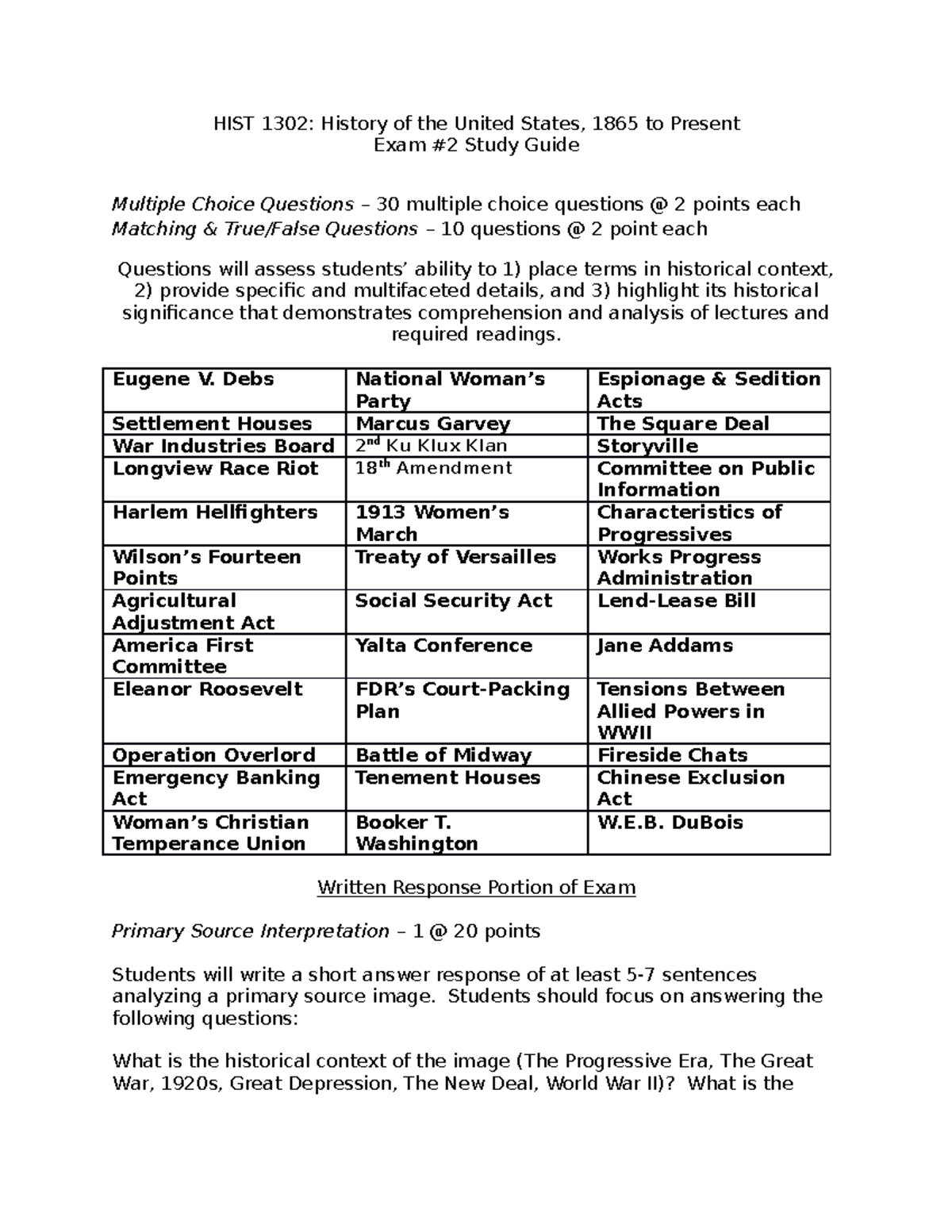 HIST 1302 Exam 2 Comprehensive Study Guide for U.S. History - Studocu