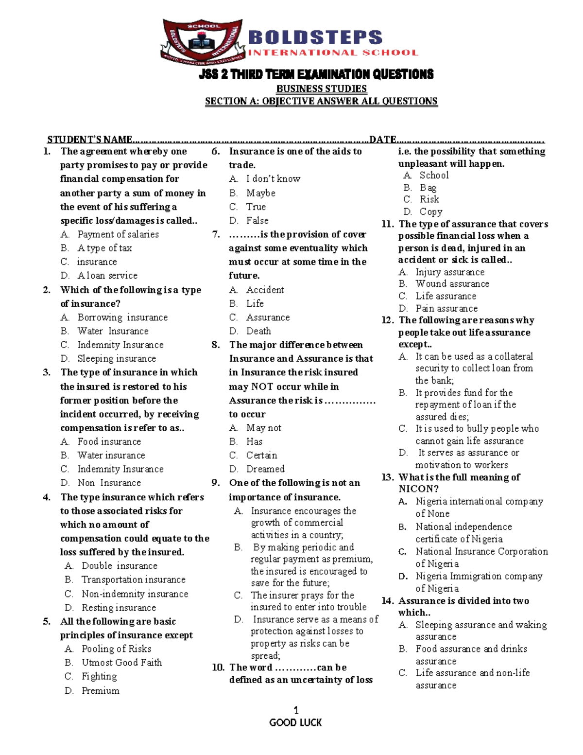 JSS 2 Business Studies - JSS2 Third Term Exam Questions - Studocu