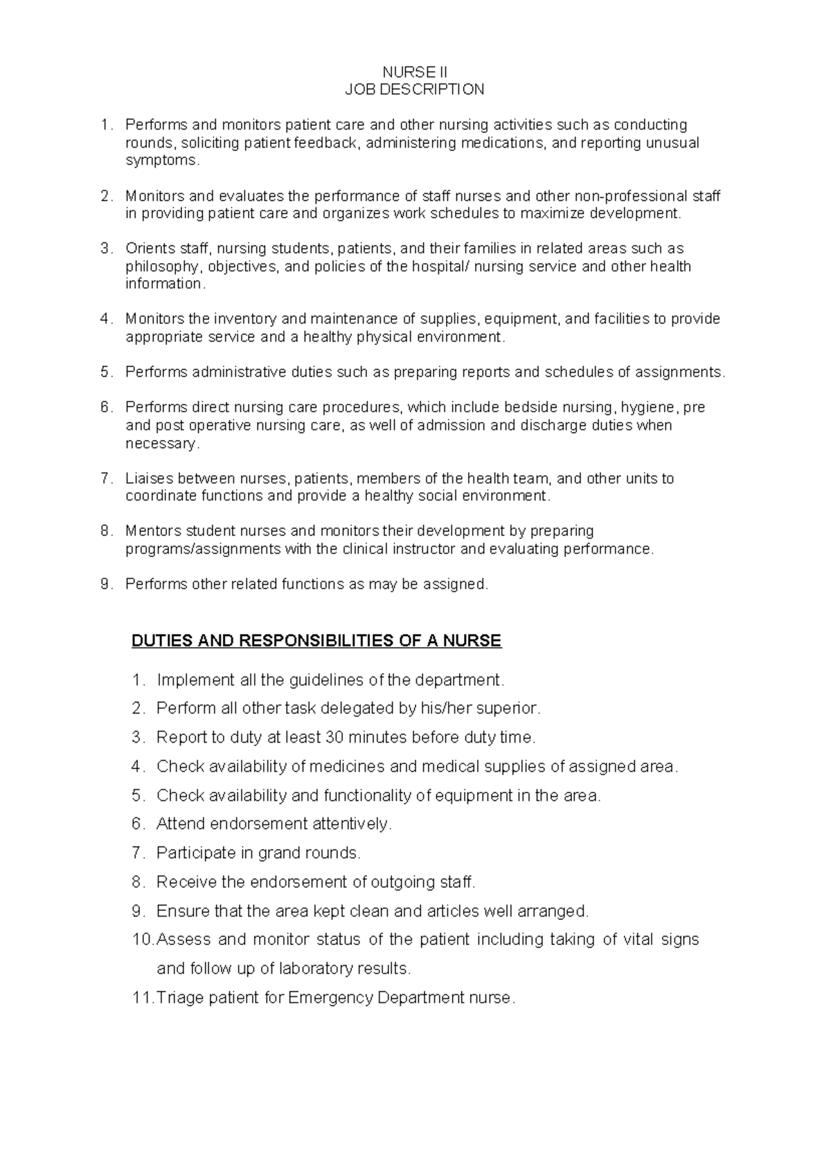 NUR 201 Nurse II Job Description and Responsibilities Overview - Studocu