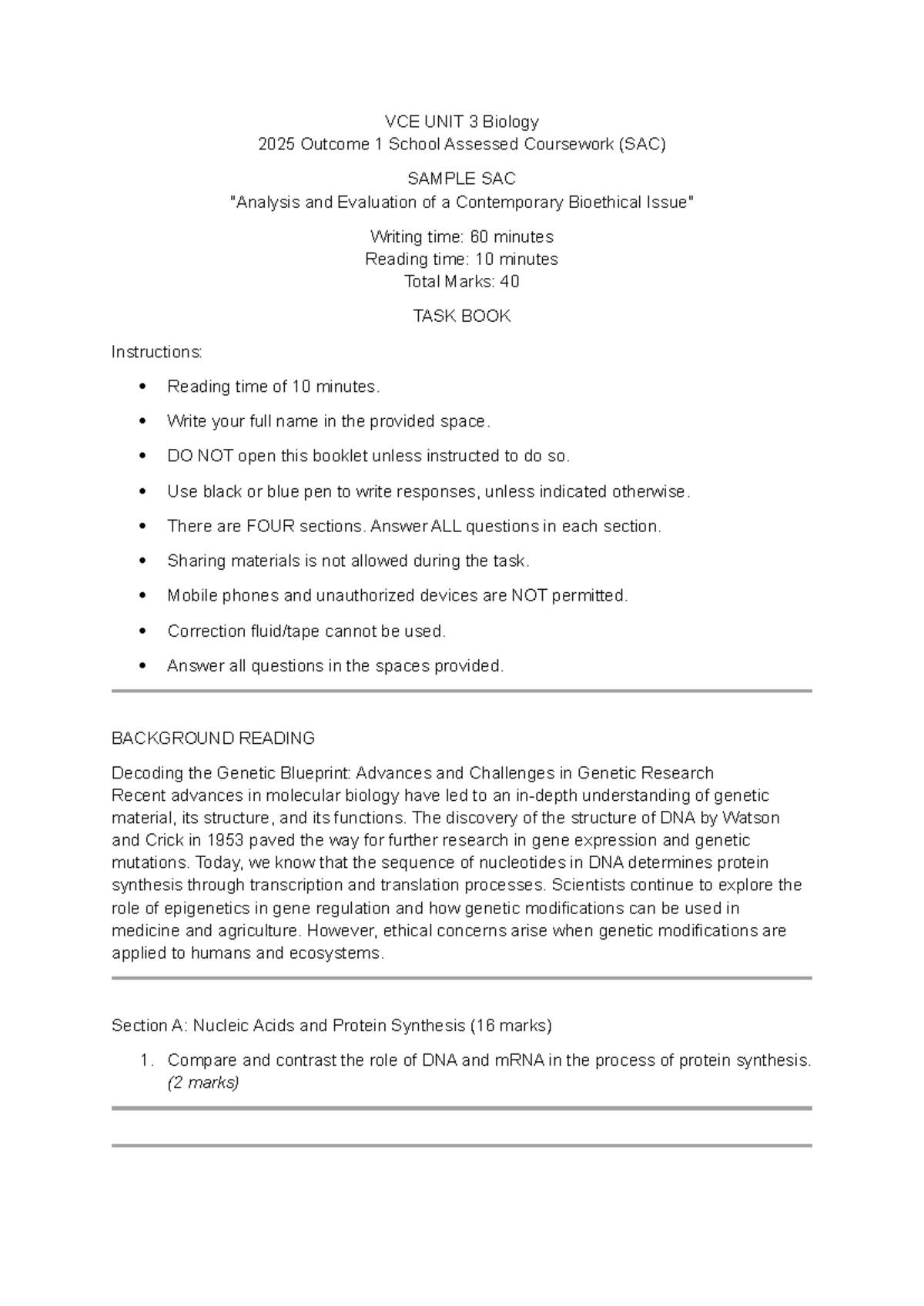 VCE UNIT 3 Biology 2025 Outcome 1 SAC: Bioethical Evaluation & Genetic ...